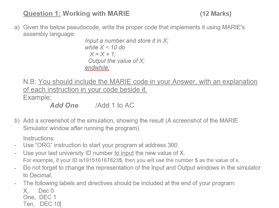 Solved Question 1: Working with MARIE (12 Marks) a) Given | Chegg.com