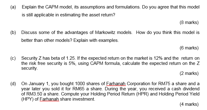 Solved a Explain The CAPM Model Its Assumptions And Chegg