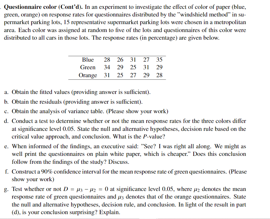 Solved Questionnaire color (Contd). In an experiment to | Chegg.com