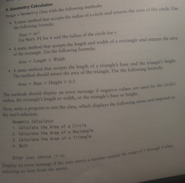 Solved 9. Geometry Calculator Design a Geometry class with | Chegg.com