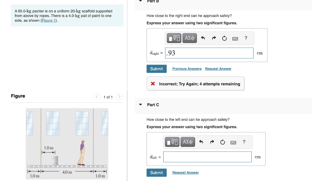 Solved A 65.0-kg painter is on a uniform 20−kg scaffold | Chegg.com