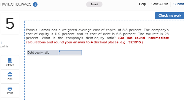 Solved Help Save & Exit Submi HW1_Ch13_WACC Saved Check my | Chegg.com