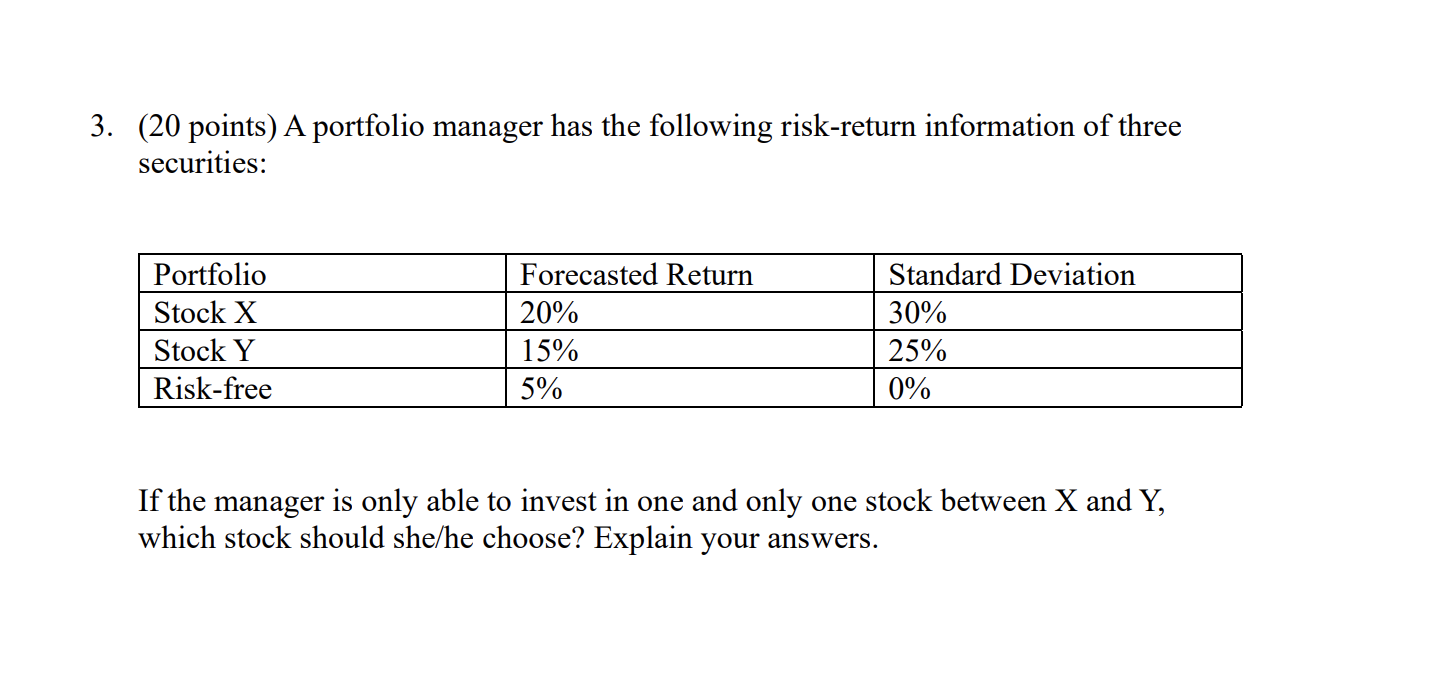 Solved 3. (20 points) A portfolio manager has the following | Chegg.com