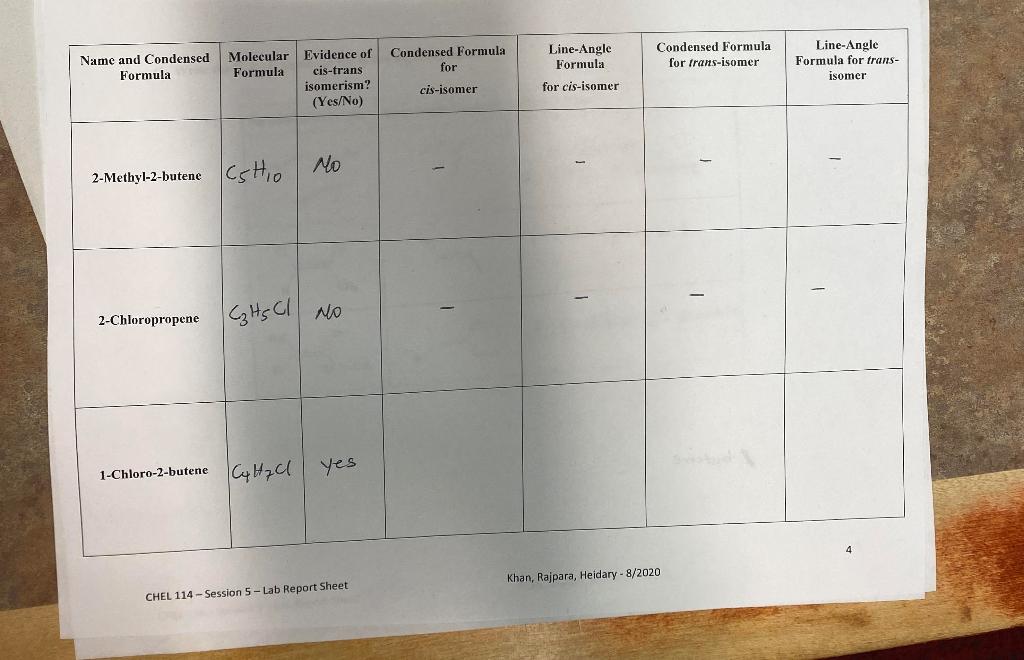 Solved Name and Condensed Formula Condensed Formula for | Chegg.com