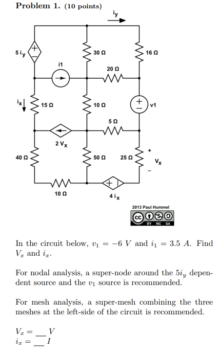Solved Problem 1. (10 points) In the circuit below, v1=−6V | Chegg.com