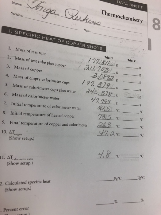 Solved DATA SHEET Thermochemistry Name: 8 Section: Date: . | Chegg.com