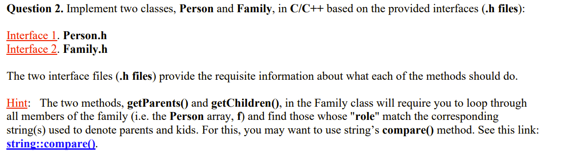 Solved Question 2. Implement two classes, Person and Family, | Chegg.com