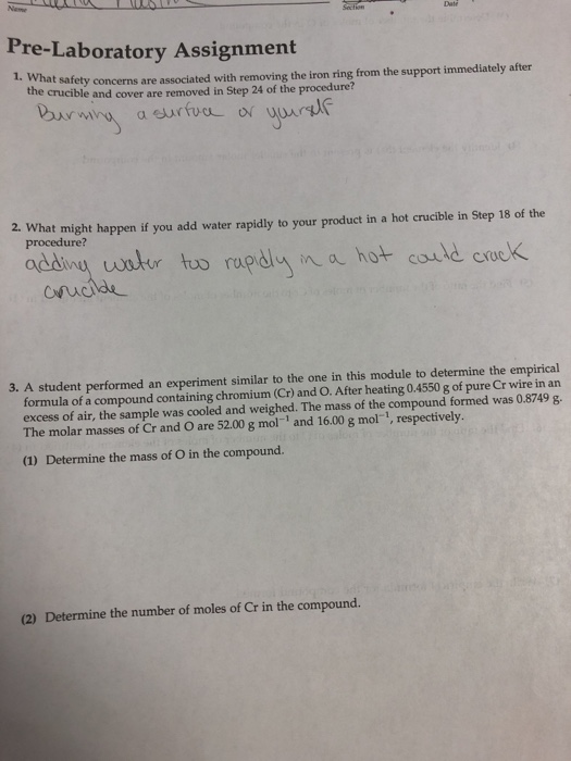 Solved Pre-Laboratory Assignment 1. What th safety concerns | Chegg.com