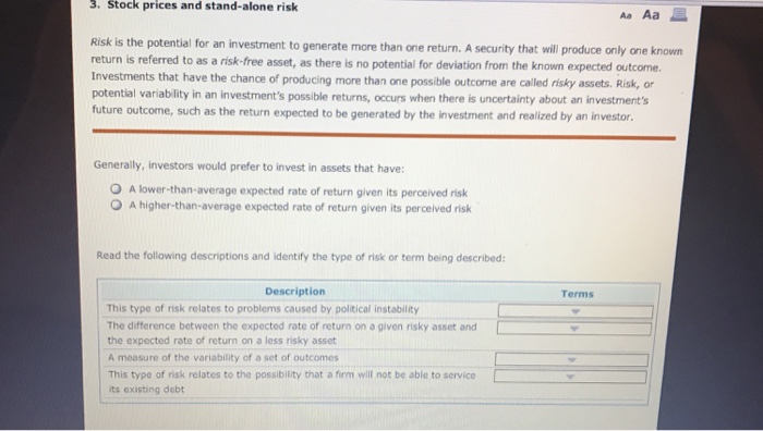 Solved . Stock prices and stand-alone risk Aa Aa Risk is the | Chegg.com