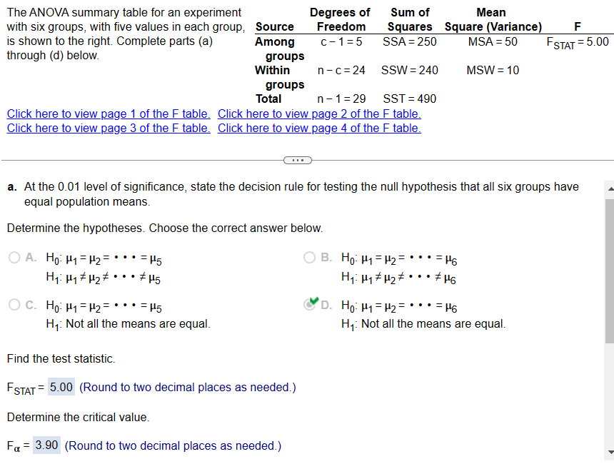 Solved The ANOVA summary table for an experiment with six | Chegg.com