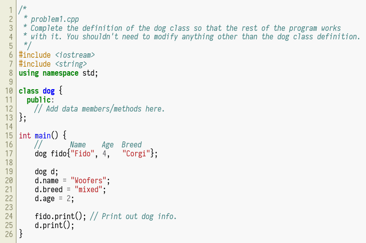 Solved voWN * problem1.cpp * Complete the definition of the | Chegg.com