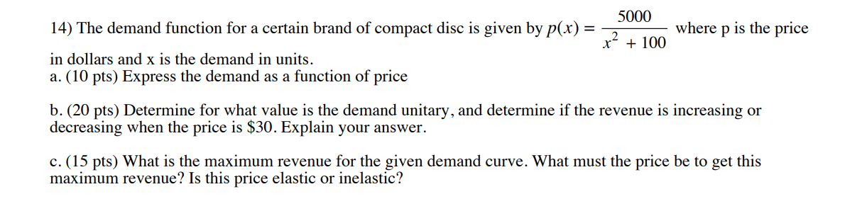 Solved 14) The demand function for a certain brand of | Chegg.com