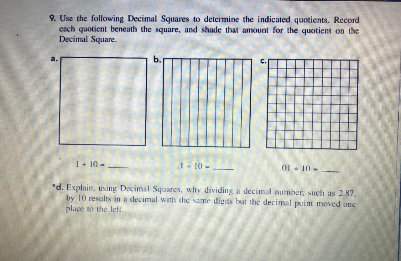 Solved 9. Use the following Decimal Squares to determine the | Chegg.com
