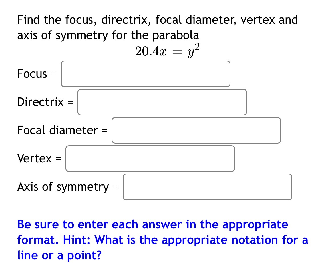 Solved Find the focus, directrix, focal diameter, vertex and | Chegg.com