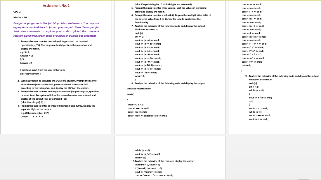 Solved Assignment No. 2 CL0-2 Marks = 10 Design the programs | Chegg.com