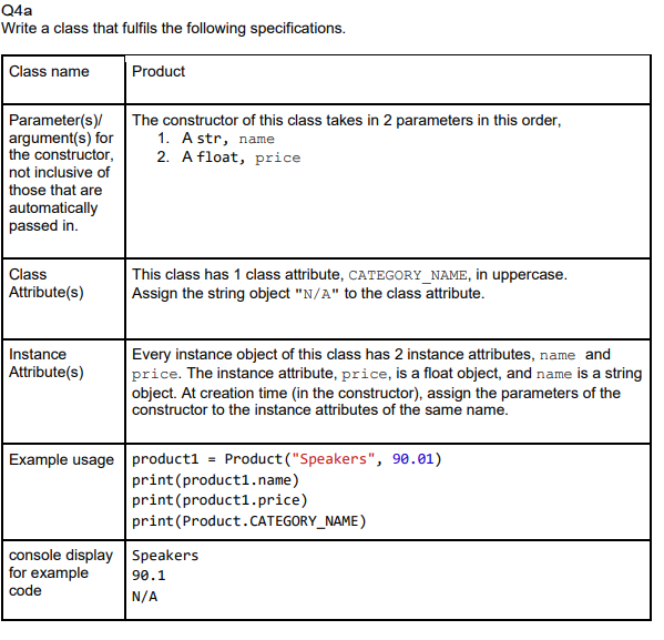 Solved Q4a Write a class that fulfils the following | Chegg.com
