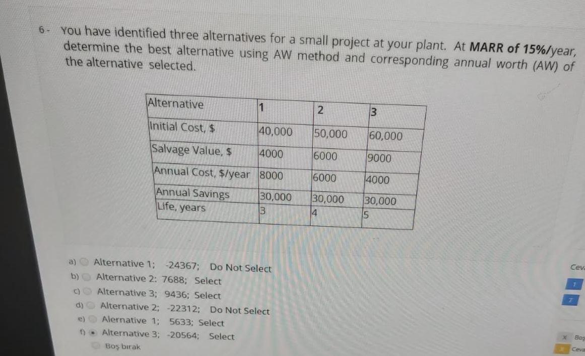 Solved 6. You have identified three alternatives for a small | Chegg.com