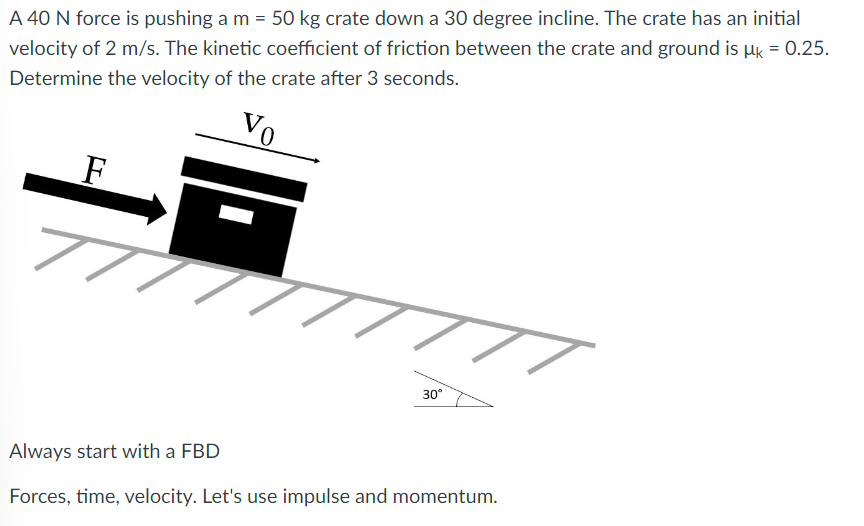 Solved A 40N ﻿force is pushing a m=50kg ﻿crate down a 30 | Chegg.com