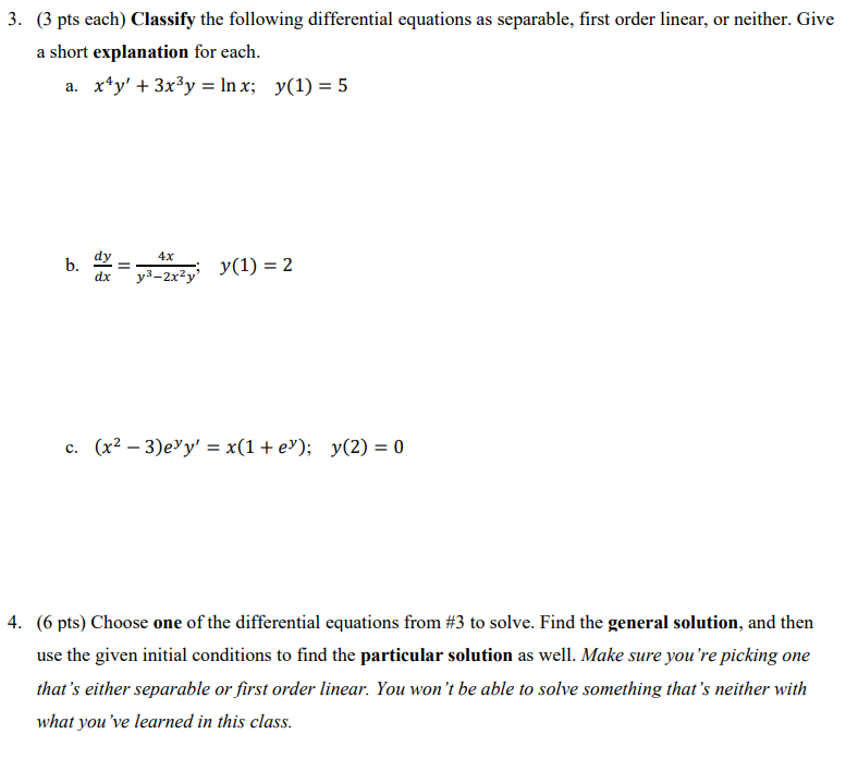 Solved 3. (3 pts each) Classify the following differential | Chegg.com