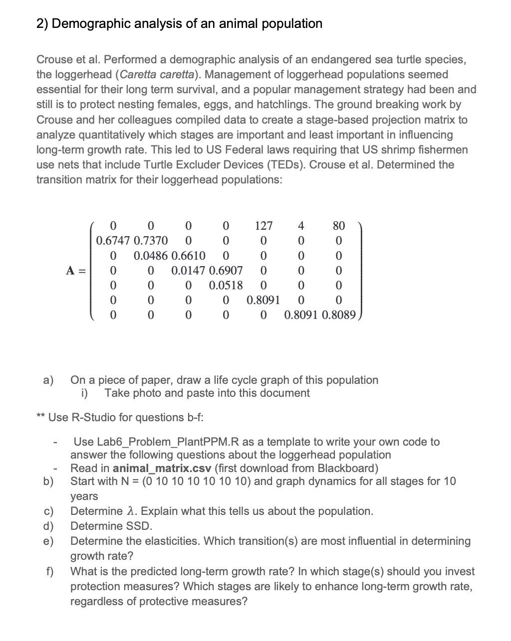 Solved Demographic analysis of an animal populationCrouse et | Chegg.com