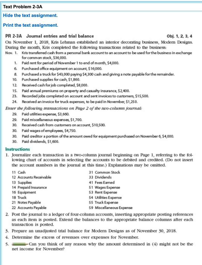 Solved Text Problem 2-3A Hide the text assignment. Print the | Chegg.com