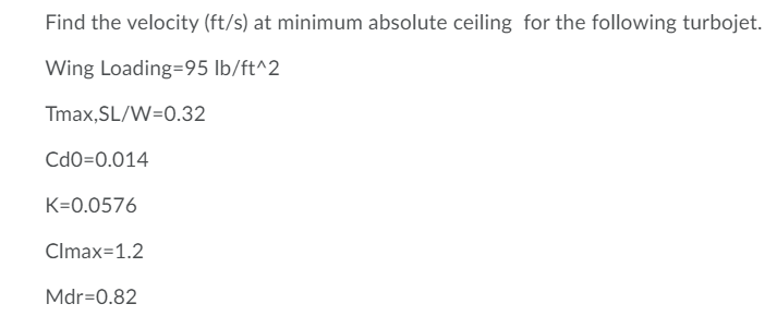 Solved Find the velocity (ft/s) at minimum absolute ceiling | Chegg.com