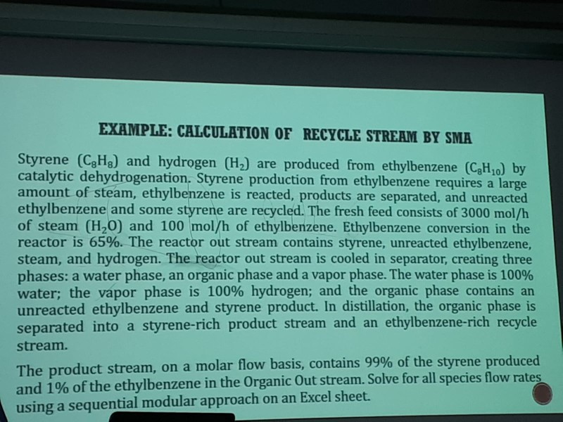 EXAMPLE: CALCULATION OF RECYCLE STREAM BY SMA Styrene | Chegg.com