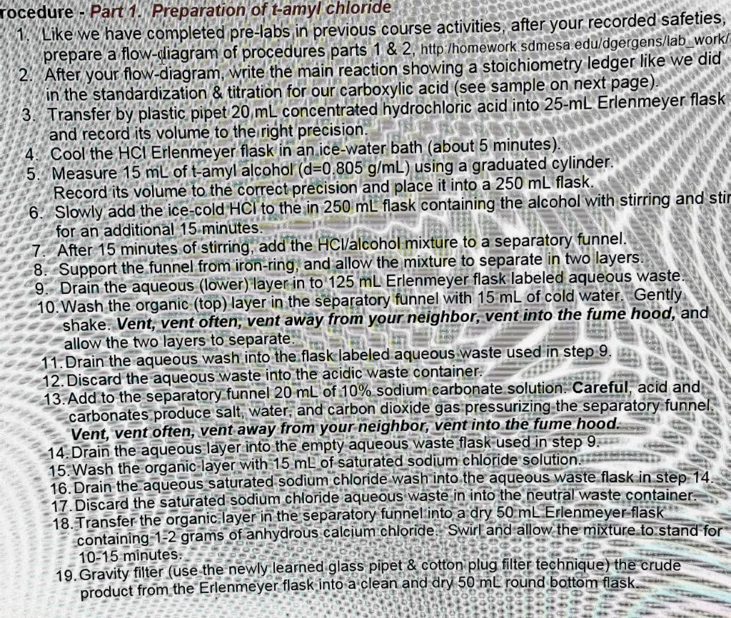 Solved Procedure - Part 1. Preparation of t-amyl chloride 1. | Chegg.com