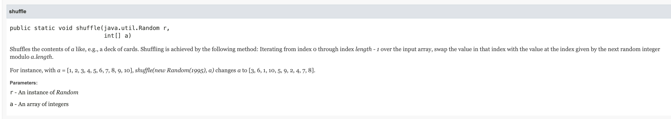 Solved shuffle public static void shuffle (java.util. Random | Chegg.com