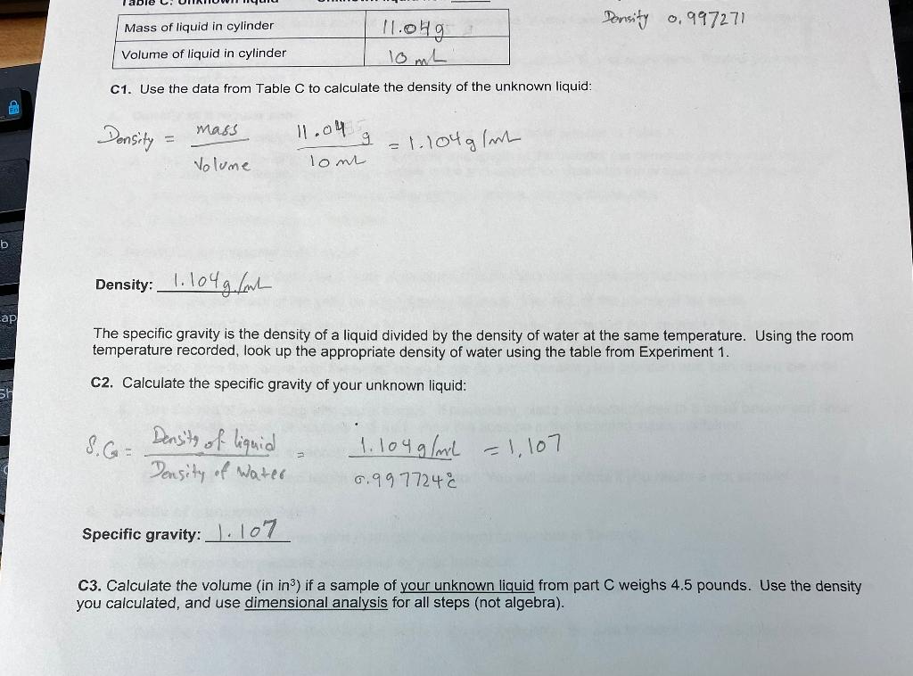 [Solved]: Donsity ( 0.997271 ) C1. Use the data from Tab