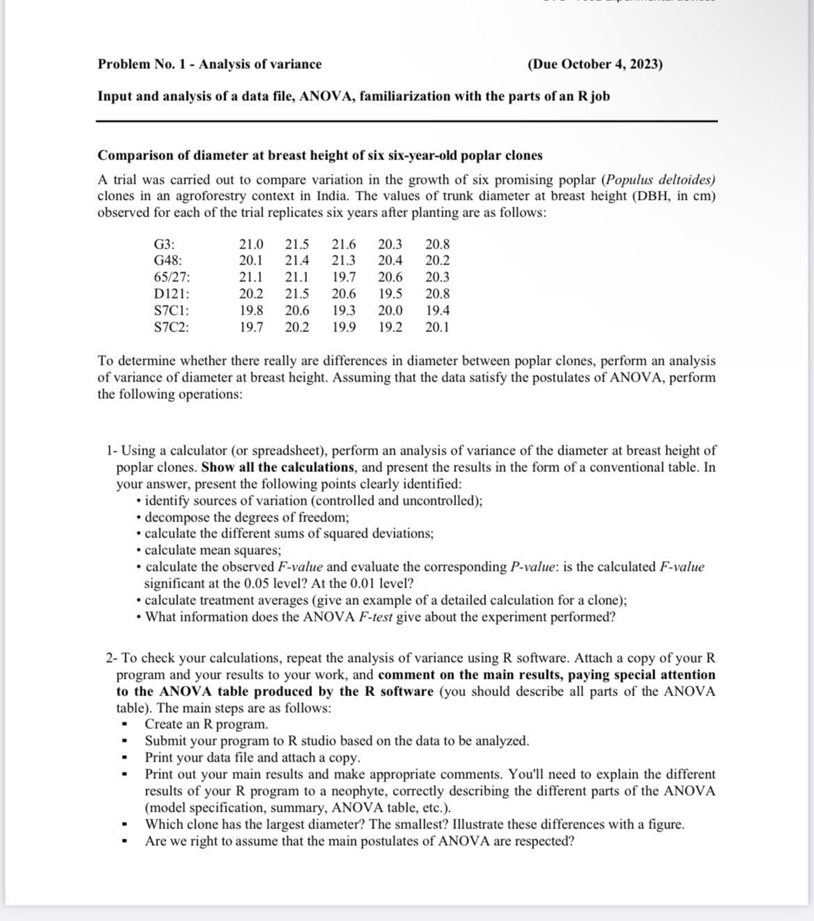 Solved Problem No. 1 - Analysis of variance (Due October 4, | Chegg.com