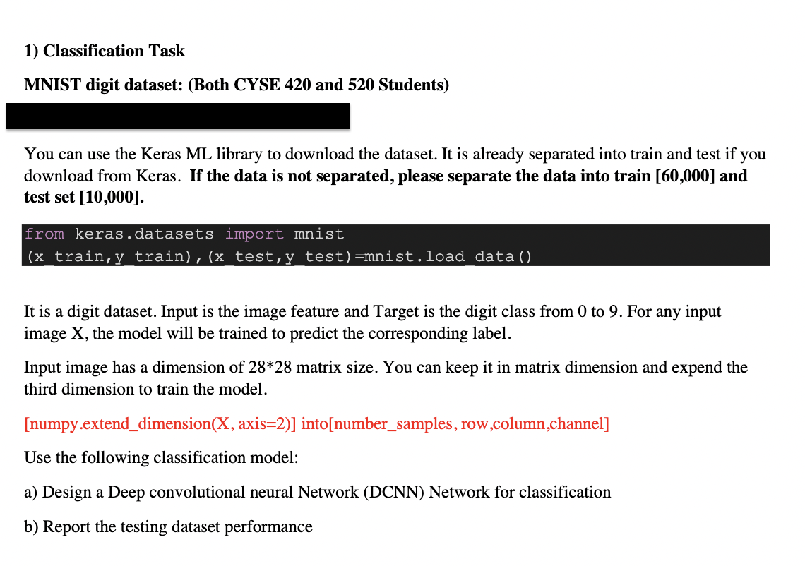 Solved 1) Classification Task MNIST digit dataset: (Both | Chegg.com