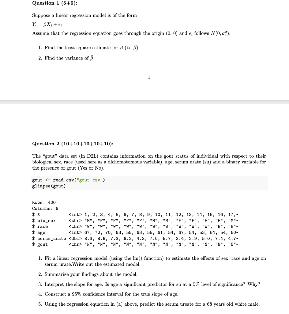 Solved Question 1(5+5) : Suppose a linear regression model | Chegg.com