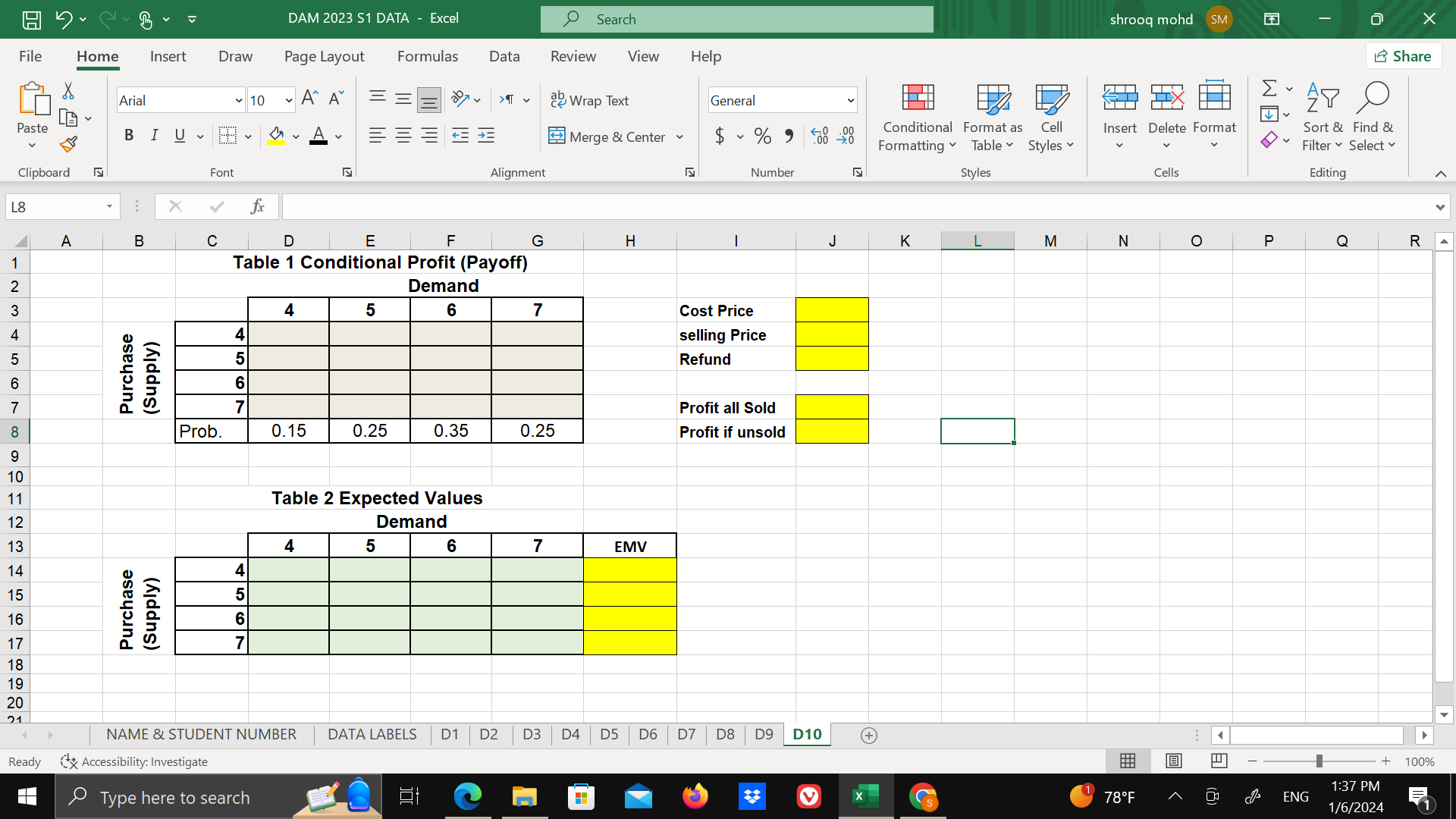 Solved D10 (DECISION TABLE - ﻿EMV) ﻿The owner of a fruit | Chegg.com