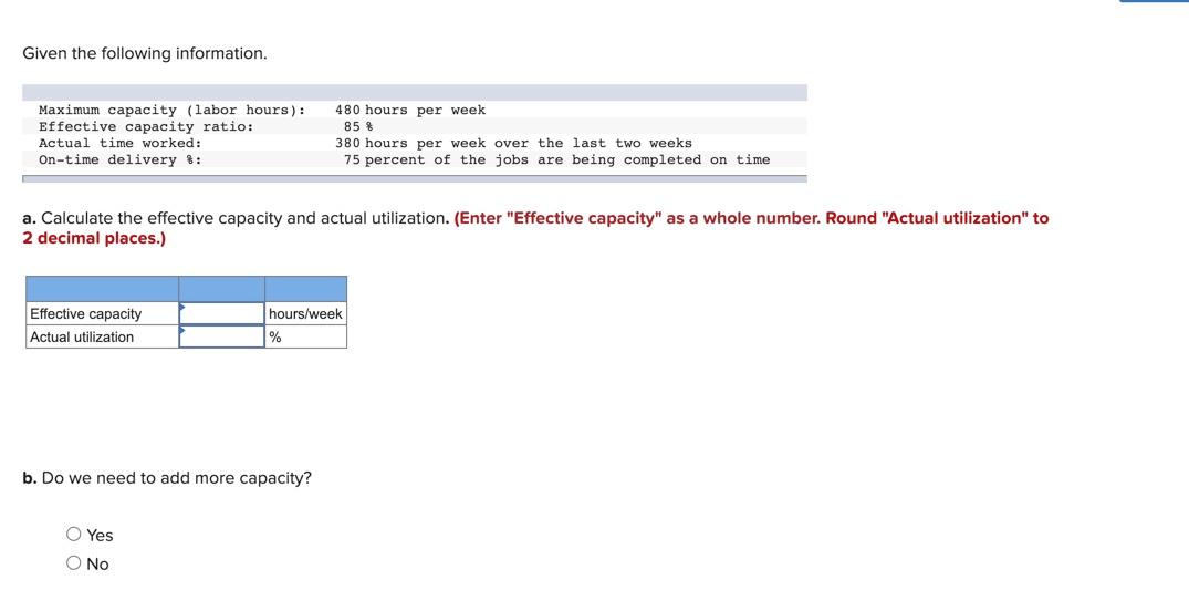 Solved Given the following information. Maximum capacity | Chegg.com