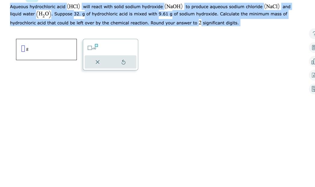 Solved Aqueous hydrochloric acid (HCl) will react with solid | Chegg.com