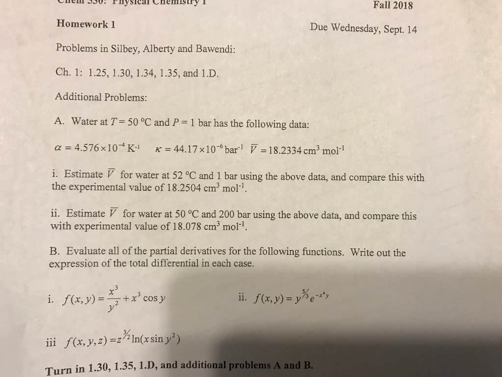 Fall 2018 Homework1 Problems in Silbey, Alberty and | Chegg.com