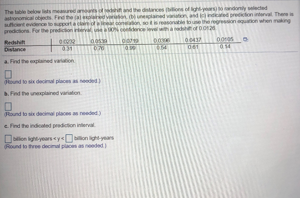 Solved The table below lists measured amounts of redshift | Chegg.com