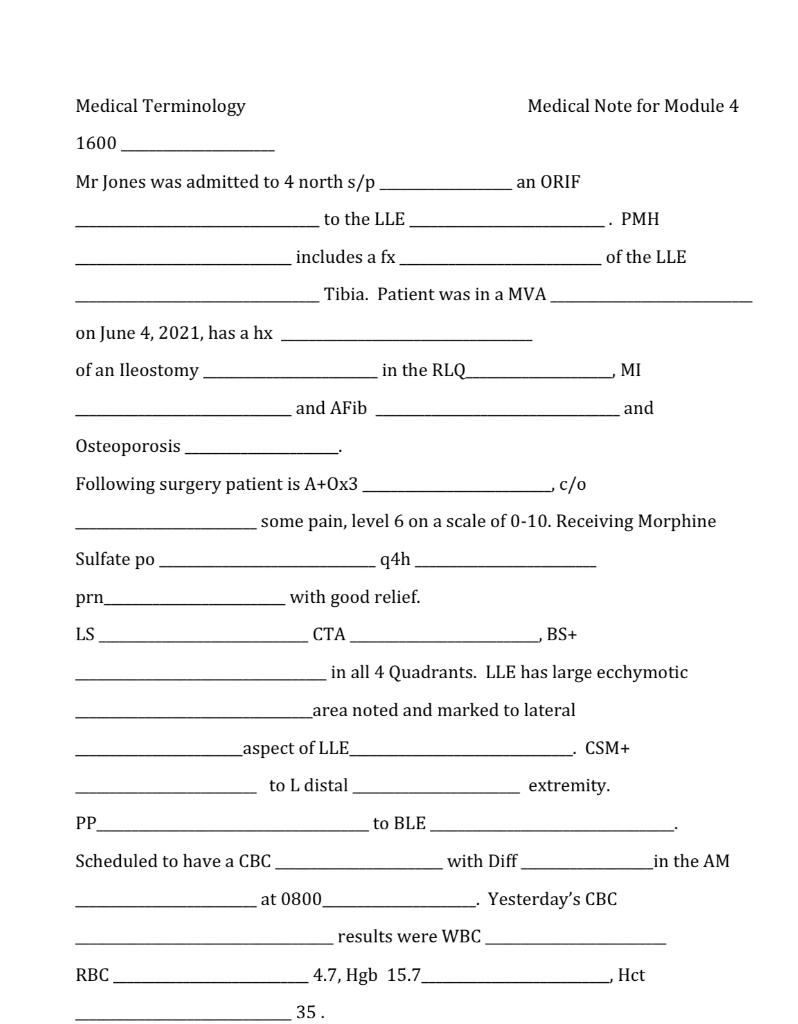 Solved Medical Terminology Medical Note for Module 4 1600 Mr | Chegg.com