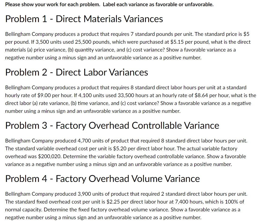 Solved Problem 1 - Direct Materials Variances Bellingham | Chegg.com