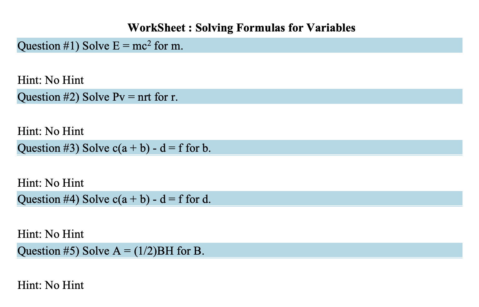 Solved WorkSheet : Solving Formulas for Variables Question | Chegg.com
