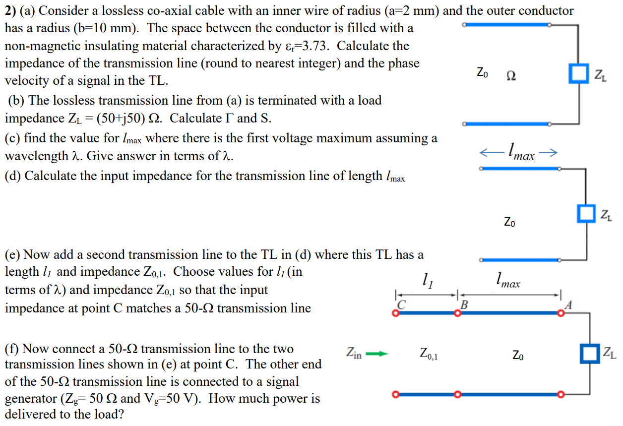 Solved 2) (a) Consider a lossless co-axial cable with an | Chegg.com