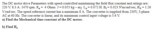 Solved The DC motor drive Parameters with speed controlled | Chegg.com