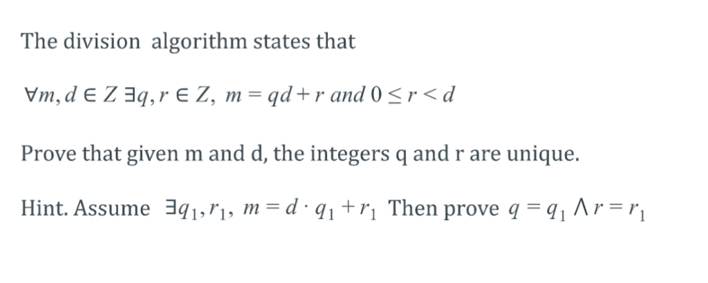 Solved The division algorithm states that Prove that given m | Chegg.com