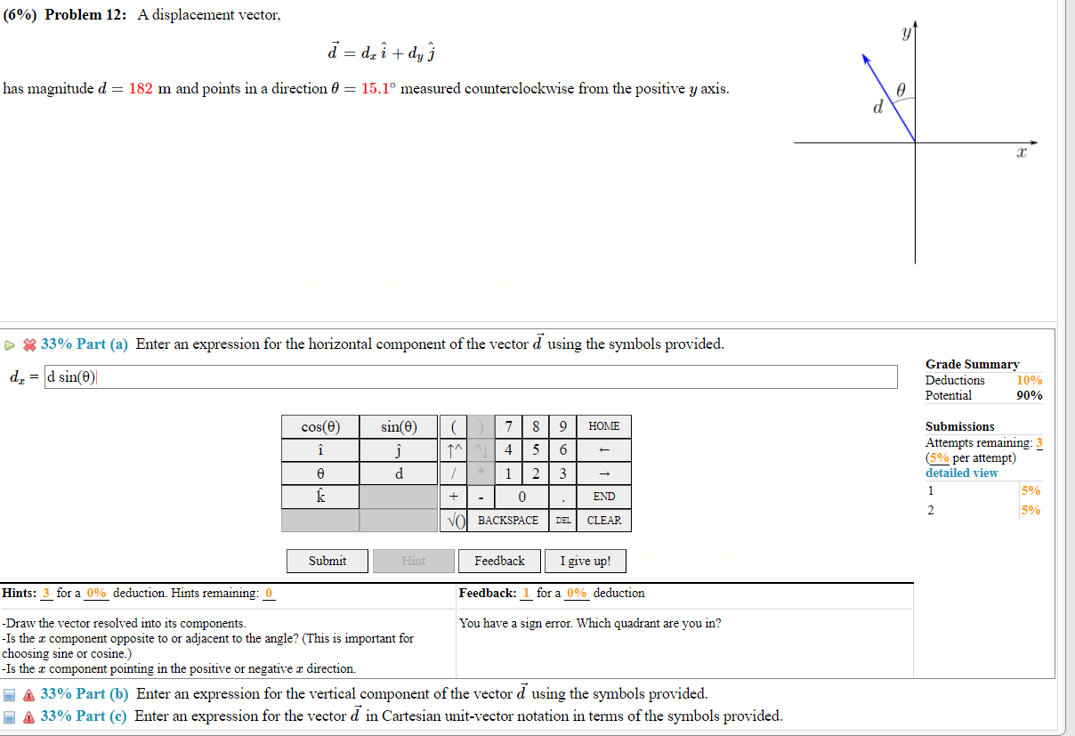 Solved (6\%) Problem 12: A displacement vector, d=dxi^+dyj^ | Chegg.com