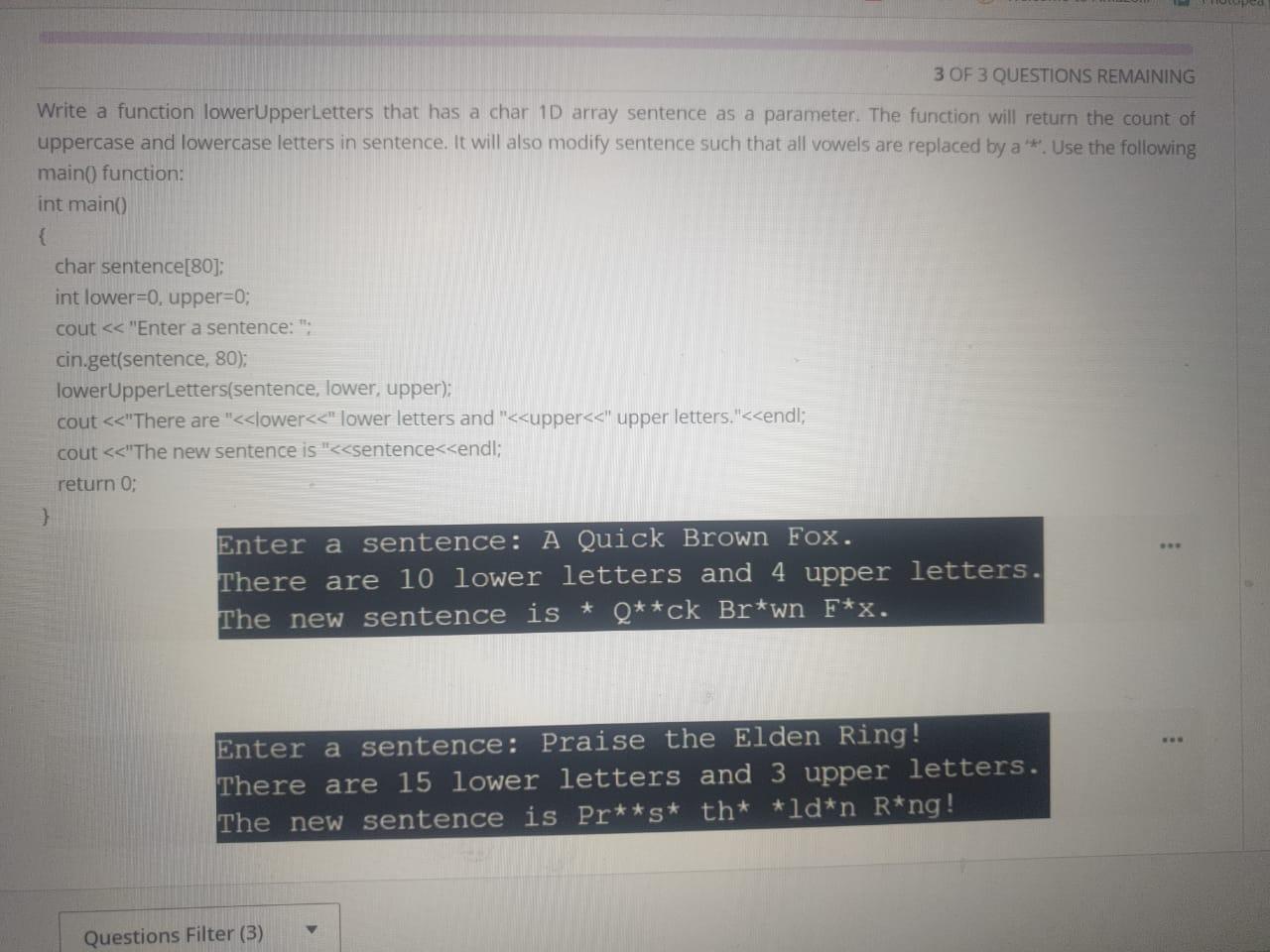 Solved Write a function lowerUpperLetters that has a char 1D | Chegg.com