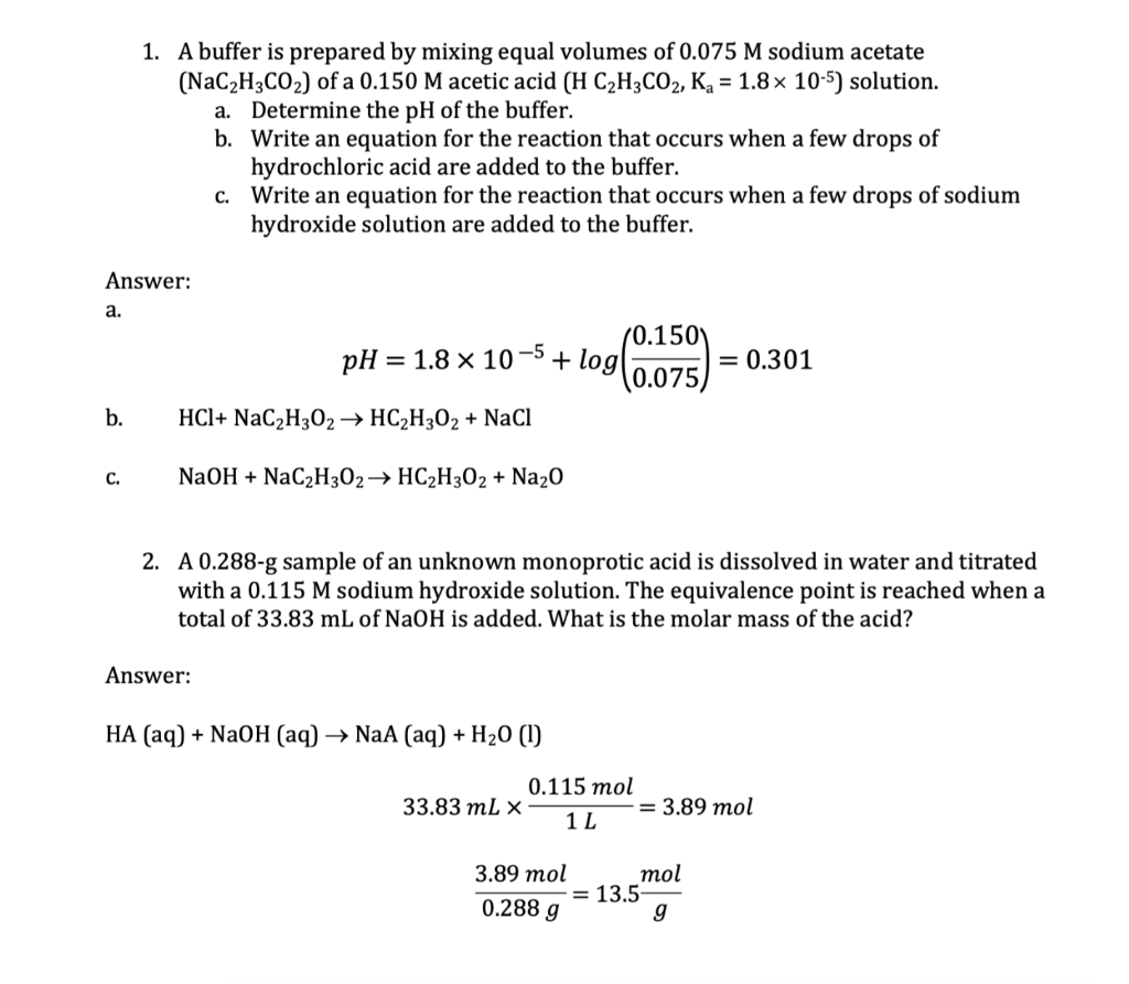 Solved 1. A buffer is prepared by mixing equal volumes of | Chegg.com