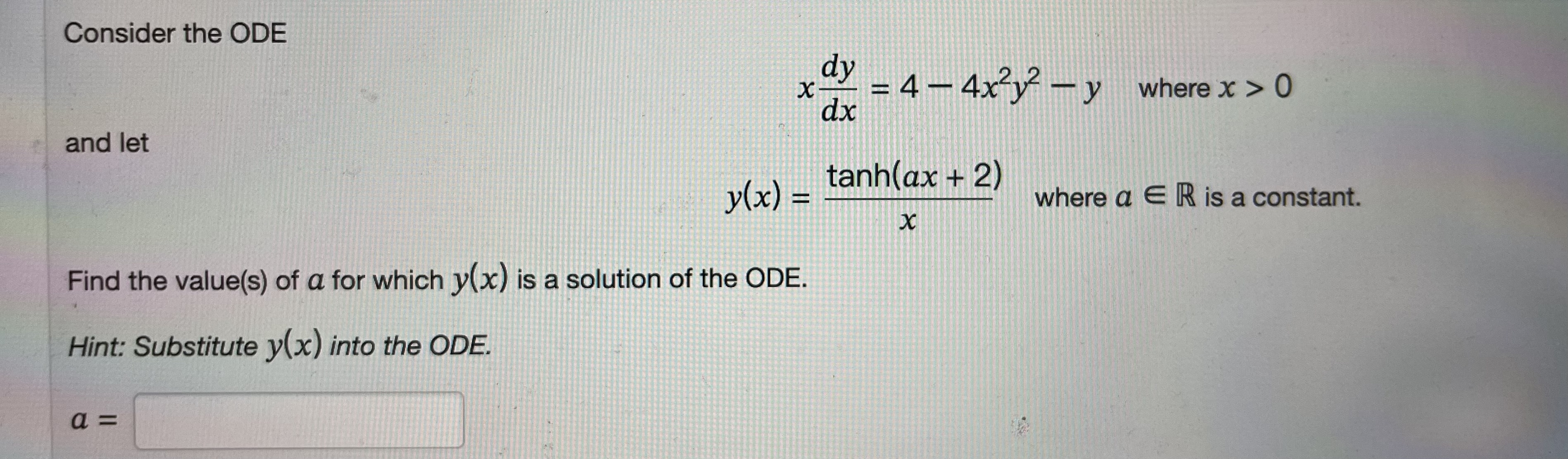 Solved Consider the ODE xdxdy=4−4x2y2−y where x>0 and let | Chegg.com