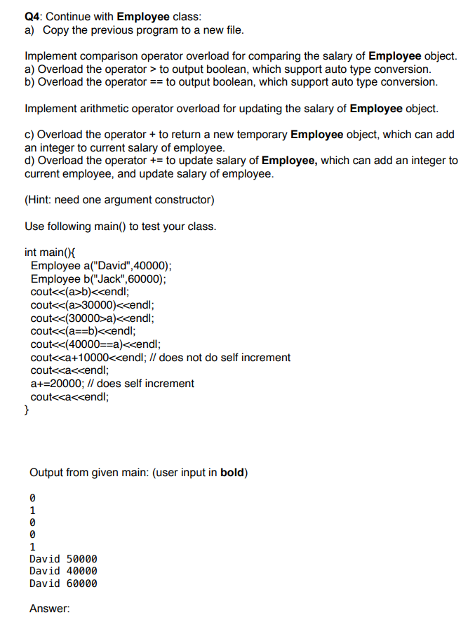 Q4: Continue with Employee class: a) Copy the | Chegg.com