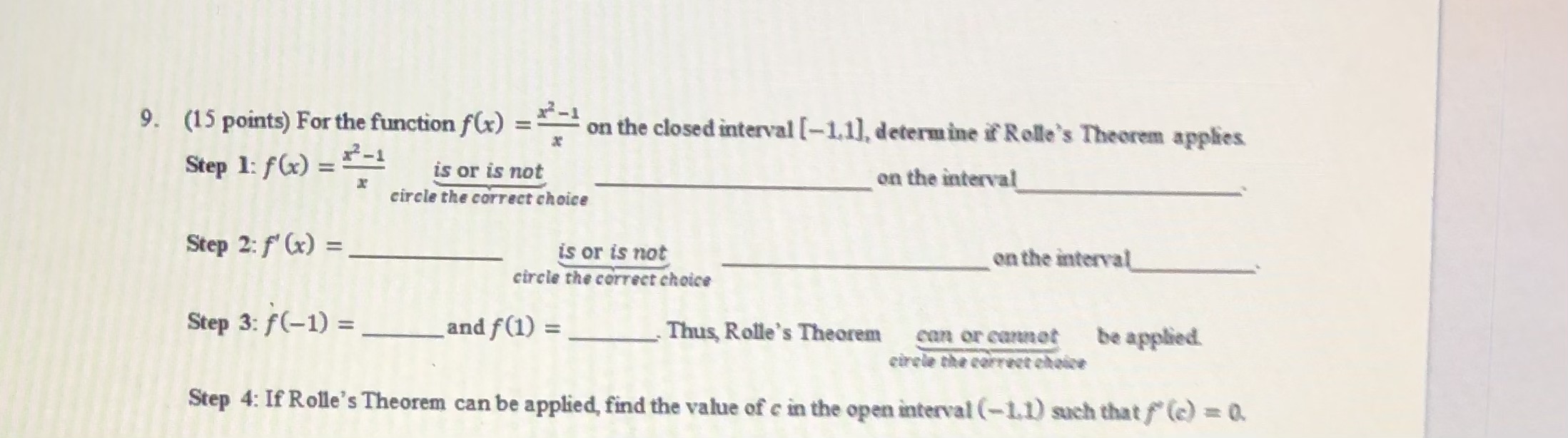 Solved 9. (15 points) For the function f(x)=xx2−1 on the | Chegg.com